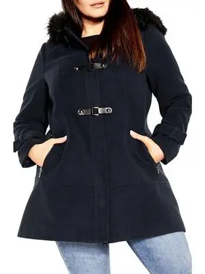 City Chic Faux Fur Trimmed Coat - Navy