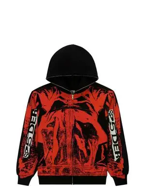 SP5DER Graphic Print Zipped Hoodie - Red