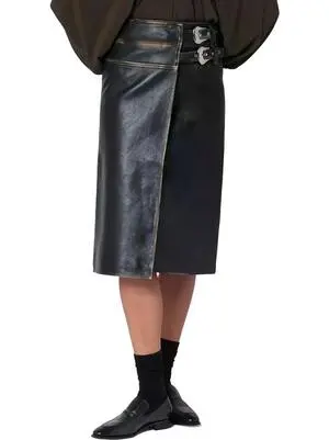 NAMACHEKO Buckle Leather Midi Wrap Skirt - Black