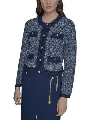 Karl Lagerfeld Paris Ruffle Trim Cardigan - Blue/ Soft White