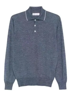 Brunello Cucinelli Button-up Ribbed-knit Polo Shirt - Blue