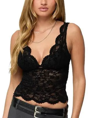 EDIKTED Araura Velvet Floral Sheer Top Black