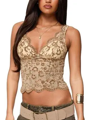 EDIKTED Araura Velvet Floral Sheer Top Brown