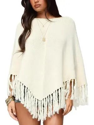 EDIKTED Fringe Knit Poncho - Cream