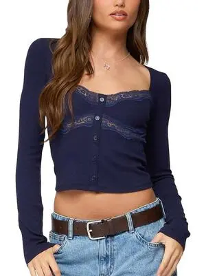 EDIKTED Lacey Long Sleeve Top - Navy