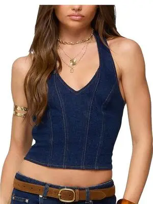 EDIKTED Contrast Stitch Denim Halter Top - Dark-blue-washed