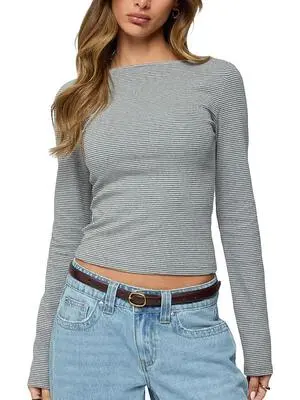EDIKTED Striped Boat Neck Top - Gray-melange