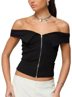 EDIKTED Collared Off-shoulder Zip-up Top - Black