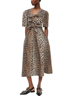 GANNI Printed Cotton Tie Strap Midi Dress - Leopard