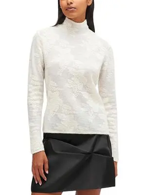 GANNI Sheer Flower Jacquard Turtleneck Top Egret