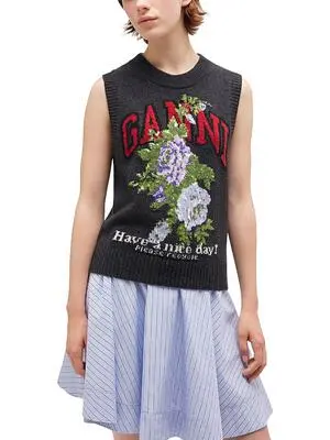 GANNI Graphic Rose Wool Blend Vest - Phantom