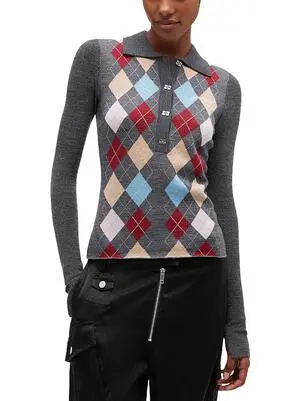 GANNI Fine Merino Wool Jacquard Knitted Polo Shirt - Paloma