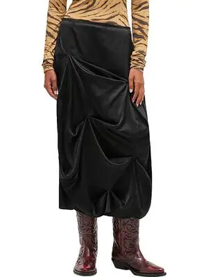 GANNI Satin Jacquard Tuck Detail Maxi Skirt - Black
