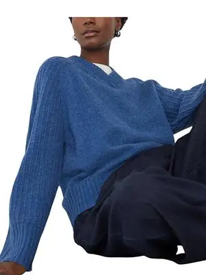 Whistles Wool Ribbed Sleeve V-neck Knit Sweater - Blue