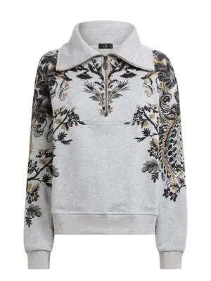 Etro Cut & Sew Cotton Sweatshirt With Half Zip And Stand Collar - Light Grey