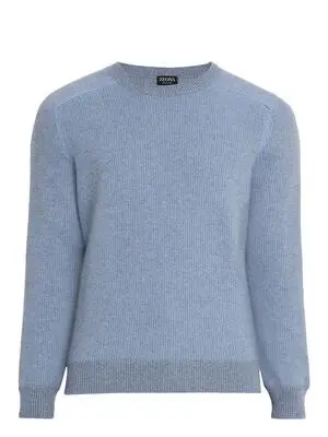 Zegna Cashmere Rib Saddle Crewneck Sweater Blue