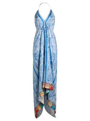 Etro Patterned Halterneck Asymmetrical Midi Dress - Light Blue