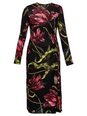 Erdem Long Sleeve Draped Midi Dress - Etched Tulip Cherry
