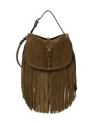 Etro Small Pony Suede Crossbody Bag With Fringe - Olive