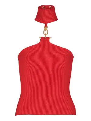 Balmain Rib-knit Chain-detail Halterneck Top - Red