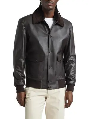 Thom Sweeney Leather Bomber Jacket With Shearling Collar - Moro - Dark Brown