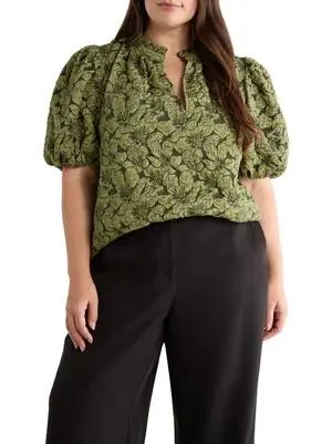 SUGARLIPS Arielle Jacquard Puff Sleeve Top - Olive-green