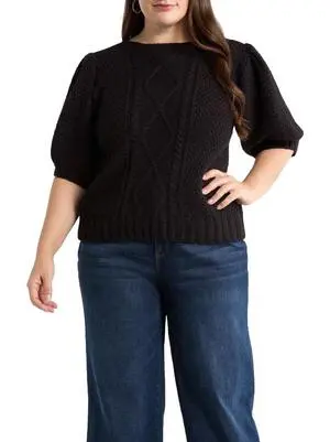SUGARLIPS Puff Sleeve Cable Stitch Sweater - Black