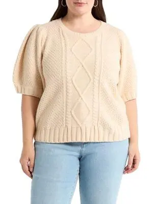 SUGARLIPS Puff Sleeve Cable Stitch Sweater - Oatmeal