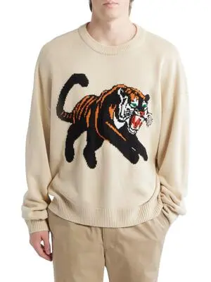 PACSUN Tiger Graphic Crewneck Sweater - Cream