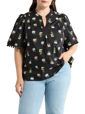 SUGARLIPS Floral Pompom Cotton Top - Black-coral-green