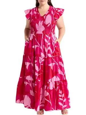 SUGARLIPS Mila Floral Smocked Maxi Dress - Magenta-cherry