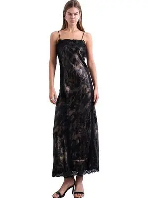 Topshop Lace Trim Satin Maxi Dress - Silver Black Print