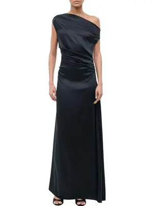 Staud Phare One-Shoulder Stretch Silk Gown Black