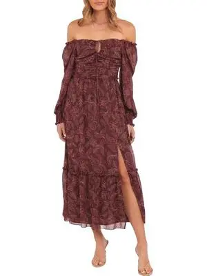 PETAL & PUP Floral Print Long Sleeve Off The Shoulder Dress - Burgundy Paisley