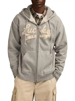 Lucky Brand Logo Appliqué Cotton French Terry Zip Hoodie - Heather Grey