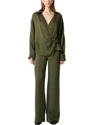NOCTURNE Logo Buckle Wrap Blouse - Dark Green