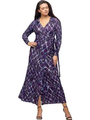 24SEVEN COMFORT APPAREL Printed Collared Wrap Maxi Dress - Purple Multi