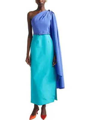 Carolina Herrera Colorblock Belted Silk Faille Gown With Detachable Cape Sleeve - Turquoise Multi