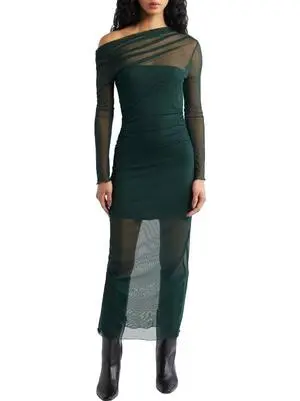 Mango Aitana Asymmetric Neck Semisheer Midi Dress - Green