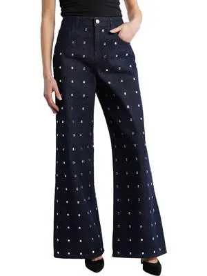 Mango Leo Crystal Embellished Wide Leg Jeans - Open Blue