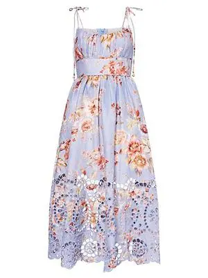 Zimmermann Awaken Picnic Floral Linen Midi Dress - Chambray Floral