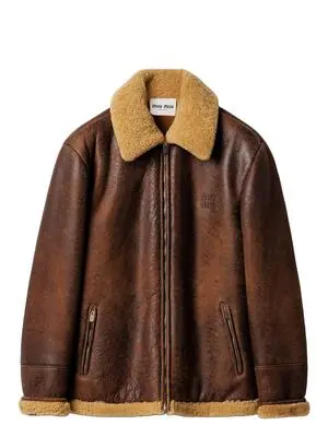 Miu Miu Waxed Shearling Blouson Jacket - Dark Brown