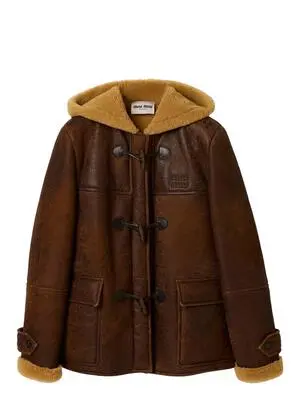 Miu Miu Waxed Shearling Duffle Coat - Dark Brown