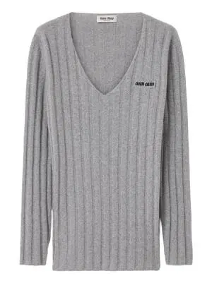 Miu Miu Wool And Cashmere V-neck Sweater - Grey