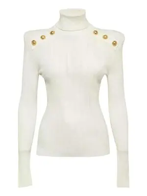 Balmain Ribbed Turtleneck Sweater With Shoulder Buttons - White