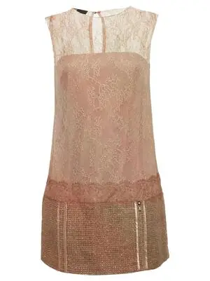Elisabetta Franchi Lace-panel Tweed-hem Mini Dress - Brown