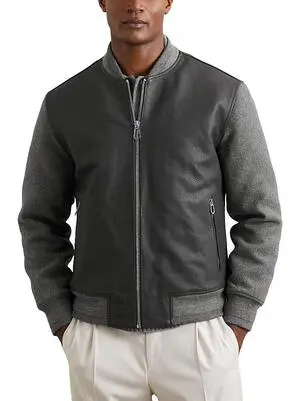 REISS Leather Wool-blend Sleeve Varsity Jacket - Grey