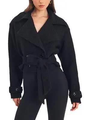 MISS CIRCLE Dara Wool Blend Cropped Double-breasted Belted Coat - Black
