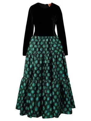 La DoubleJ Tiered Velvet And Jacquard Maxi Dress - Emerald