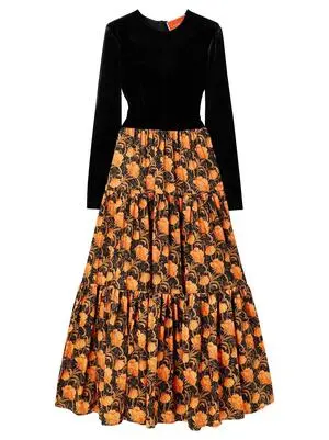 La DoubleJ Velvet And Floral-print Twill Maxi Dress - Black